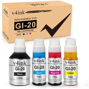 v4ink compatible gi20 refill ink bottle replacement for canon gi-20 refill ink bottle to use with pixma g5020 g5030 g5040 g5050 g6020 g6030 g6040 g6050 g7020 inkjet printer - black cyan magenta yellow