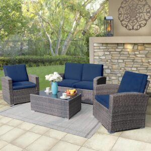 joivi patio furniture set, 4 piece outdoor patio conversation set, all-weather pe rattan wicker sectional patio sofa set with tempered glass coffee table for family gatherings, navy blue