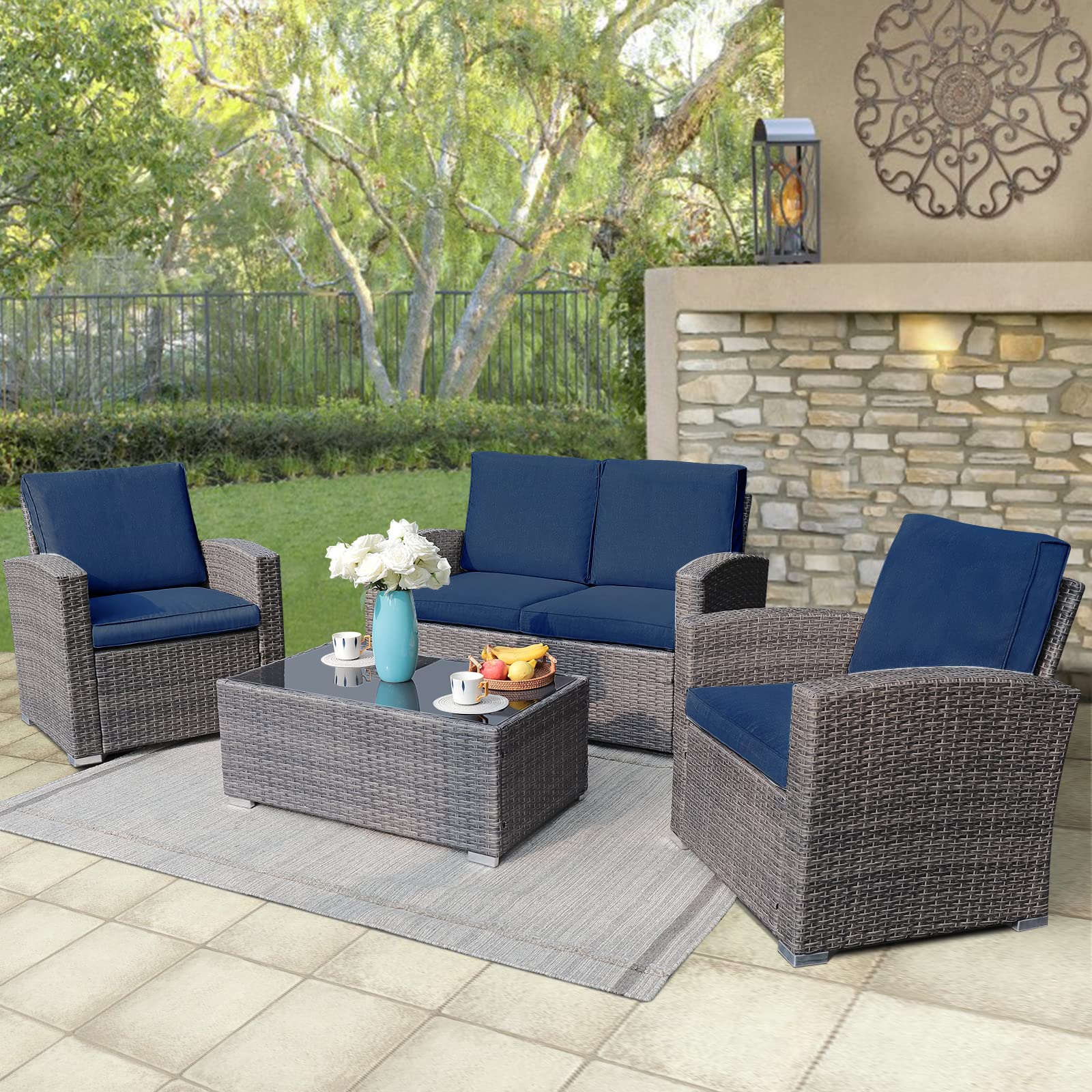 JOIVI Patio Furniture Set, 4 Piece Outdoor Patio Conversation Set, All-Weather PE Rattan Wicker Sectional Patio Sofa Set with Tempered Glass Coffee Table for Family Gatherings, Navy Blue