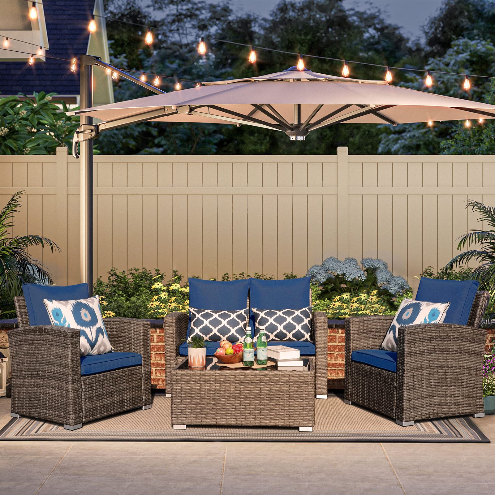 JOIVI Patio Furniture Set, 4 Piece Outdoor Patio Conversation Set, All-Weather PE Rattan Wicker Sectional Patio Sofa Set with Tempered Glass Coffee Table for Family Gatherings, Navy Blue