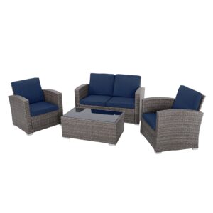 JOIVI Patio Furniture Set, 4 Piece Outdoor Patio Conversation Set, All-Weather PE Rattan Wicker Sectional Patio Sofa Set with Tempered Glass Coffee Table for Family Gatherings, Navy Blue