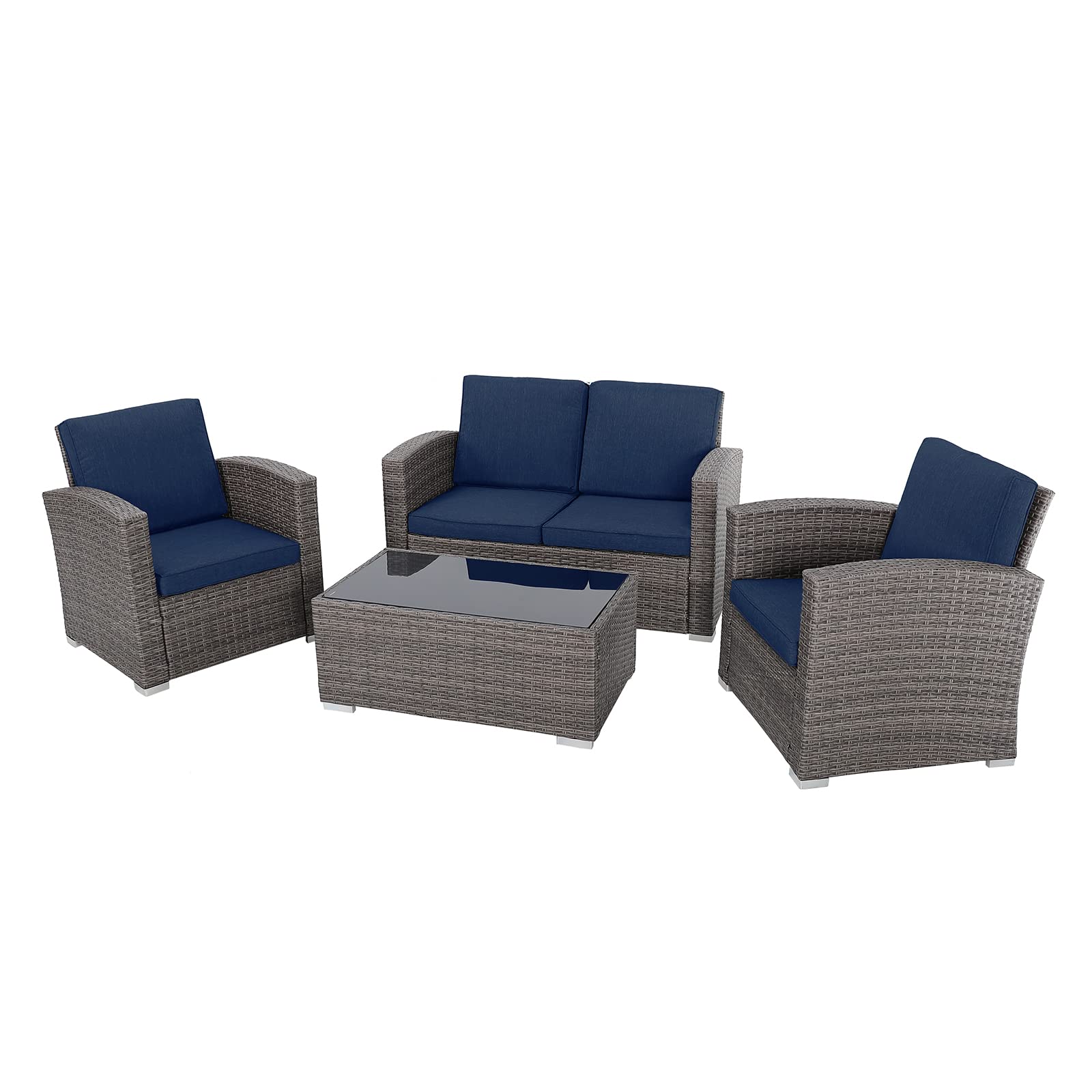 JOIVI Patio Furniture Set, 4 Piece Outdoor Patio Conversation Set, All-Weather PE Rattan Wicker Sectional Patio Sofa Set with Tempered Glass Coffee Table for Family Gatherings, Navy Blue