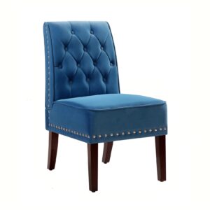 blue velvet dining chairs, drm'scuum comfy dining room chairs, soft blue velvet with fabric buttons and nails, rubber wood legs, for kitchen, home and coffee decor accents