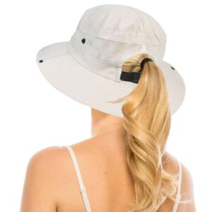 womens summer quick-dry-sun-hat outdoor - mesh wide brim uv-protection beach fishing hat with ponytail hole foldable beige