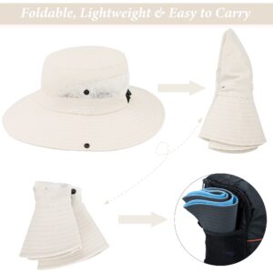 Womens Summer Quick-Dry-Sun-Hat Outdoor - Mesh Wide Brim UV-Protection Beach Fishing Hat with Ponytail Hole Foldable Beige