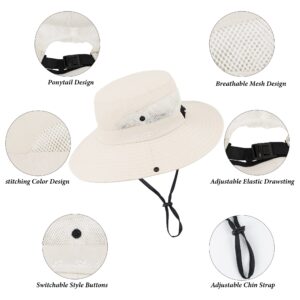 Womens Summer Quick-Dry-Sun-Hat Outdoor - Mesh Wide Brim UV-Protection Beach Fishing Hat with Ponytail Hole Foldable Beige