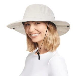 Womens Summer Quick-Dry-Sun-Hat Outdoor - Mesh Wide Brim UV-Protection Beach Fishing Hat with Ponytail Hole Foldable Beige