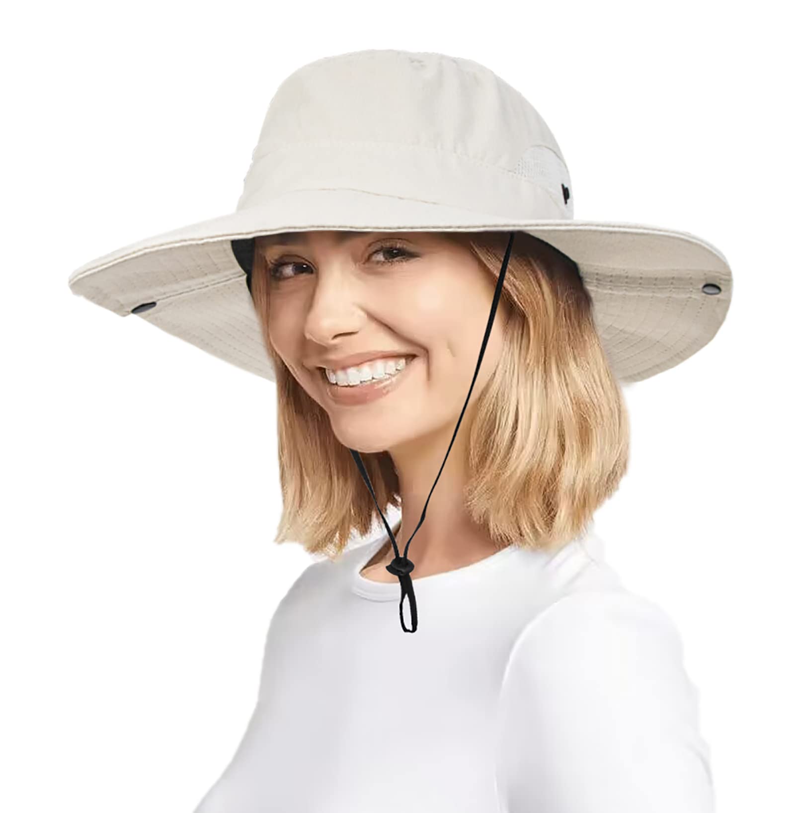 Womens Summer Quick-Dry-Sun-Hat Outdoor - Mesh Wide Brim UV-Protection Beach Fishing Hat with Ponytail Hole Foldable Beige