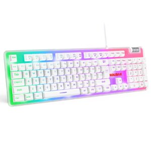 k10 rgb gaming keyboard,transparent case rgb backlit keyboard with pbt keycap,ergonomic wired white keyboard with mechanical feel 104 key keyboard with scroll wheel for pc ps4 xbox mac gaming office