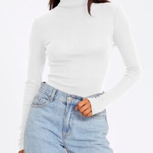 Trendy Queen Women's Long Sleeve Tops Mock Neck High Turtleneck Shirts Fall Fashion 2024 Stretch Tight Lightweight Basic Slim Fit Pullover Layering Soft Thermal Underwear Tops White