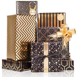 larcenciel gift wrapping paper set, 6 sheets metallic black gold foil wrapping paper w/gift bow & sticker, shiny luxury men boys gift wraps for birthday, holiday, graduation, baby shower, 27.5x19.6in