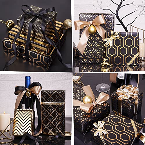 Larcenciel Gift Wrapping Paper Set, 6 Sheets Metallic Black Gold Foil Wrapping Paper w/Gift Bow & Sticker, Shiny Luxury Men Boys Gift Wraps for Birthday, Holiday, Graduation, Baby Shower, 27.5x19.6in