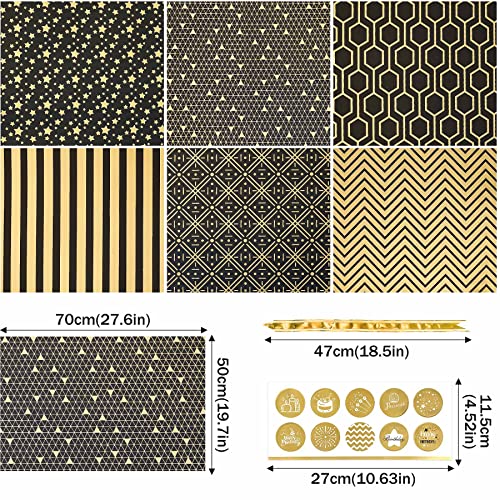 Larcenciel Gift Wrapping Paper Set, 6 Sheets Metallic Black Gold Foil Wrapping Paper w/Gift Bow & Sticker, Shiny Luxury Men Boys Gift Wraps for Birthday, Holiday, Graduation, Baby Shower, 27.5x19.6in