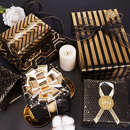 Larcenciel Gift Wrapping Paper Set, 6 Sheets Metallic Black Gold Foil Wrapping Paper w/Gift Bow & Sticker, Shiny Luxury Men Boys Gift Wraps for Birthday, Holiday, Graduation, Baby Shower, 27.5x19.6in