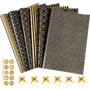 Larcenciel Gift Wrapping Paper Set, 6 Sheets Metallic Black Gold Foil Wrapping Paper w/Gift Bow & Sticker, Shiny Luxury Men Boys Gift Wraps for Birthday, Holiday, Graduation, Baby Shower, 27.5x19.6in