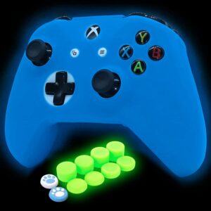 hlrao blue silicone cover skin for xbox one s/x controller glow in the dark anti-slip soft rubber case protector accessories set with 8 glow in the dark thumb grips caps + 2 cute cat paw caps.