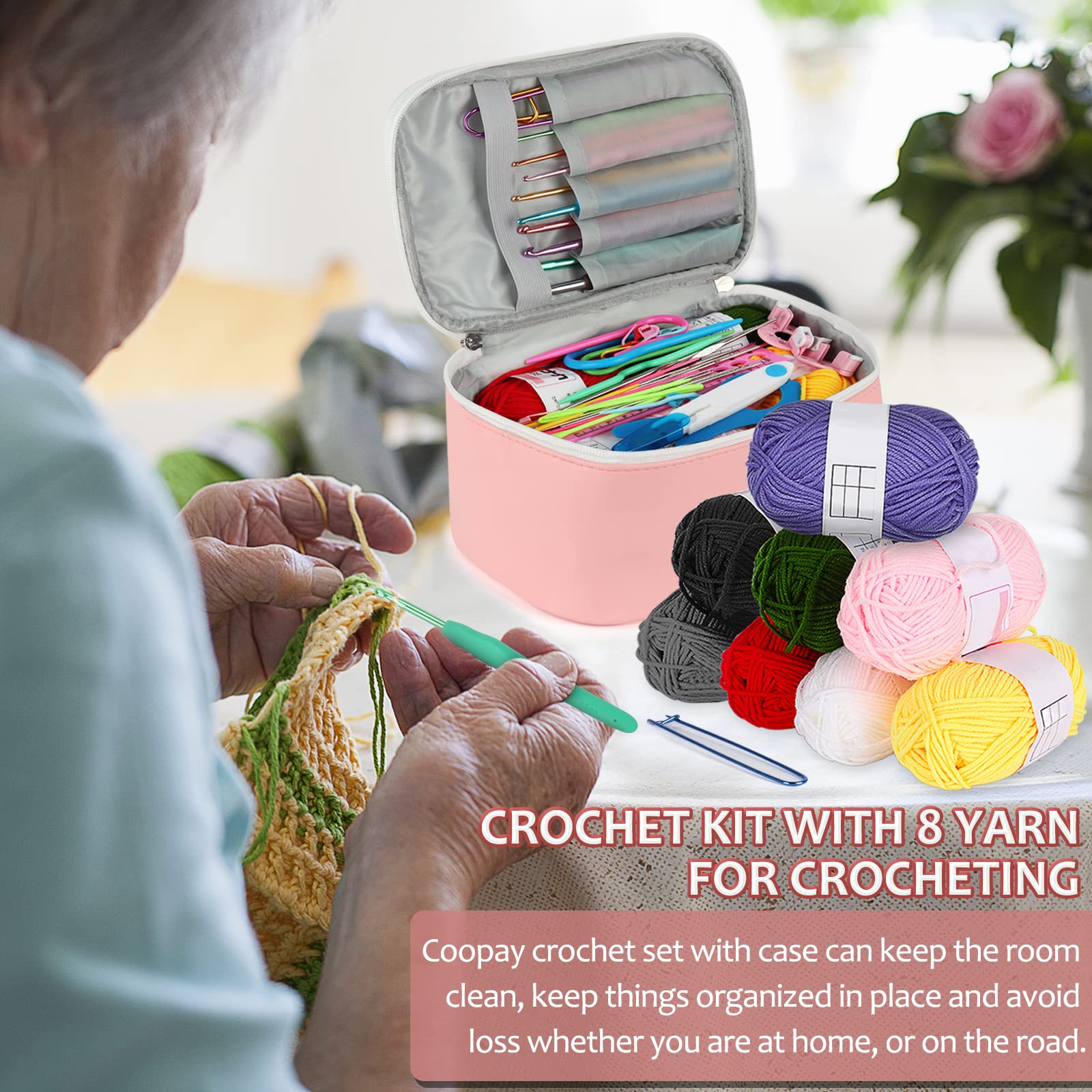 Coopay Crochet Kit for Beginners Adults Kids, Beginner Crochet Kit Make Variety Projects, Crochet Set Beginner Crochet Starter Kit Includes Yarn, Crochet Hooks, Bag, Book, Knitting & Crochet Supplies