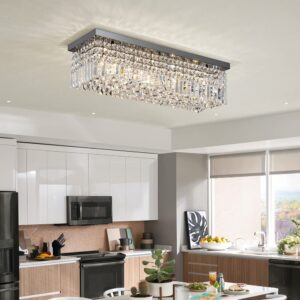 Saint Mossi 22010 5-Lights Modern K9 Crystal Chandelier, Island Design, Flush Mount Ceiling Light, H9 x W10 x L31, Clear Crystal & Pearl Black Finish