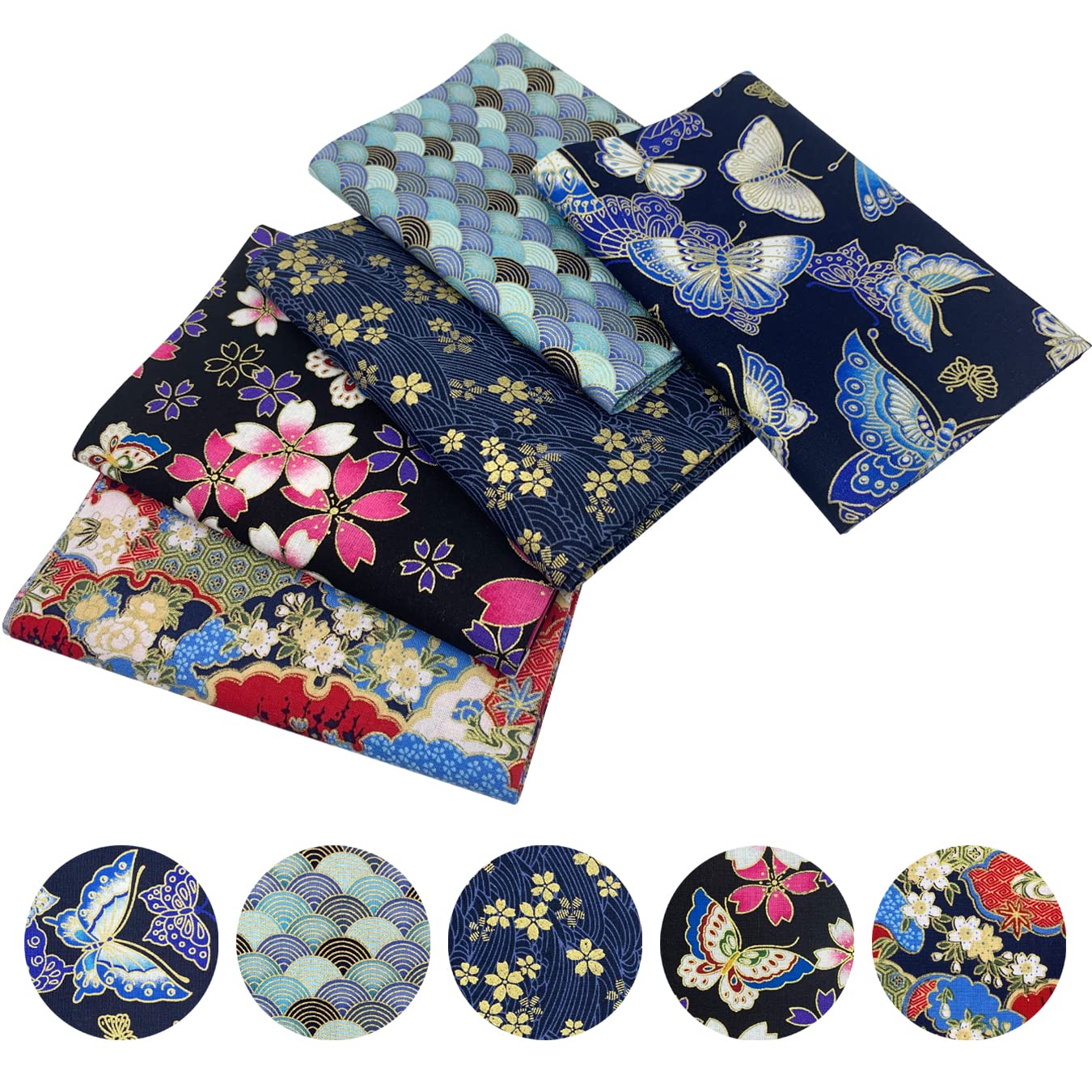 aufodara 5Pcs Cotton Fabric 15.7x31.4" Japanese Style Printed Fabric Fat Quarters Fabric Bundles for DIY Sewing Quilting Artcraft Handwork Fabric (Navy Blue)