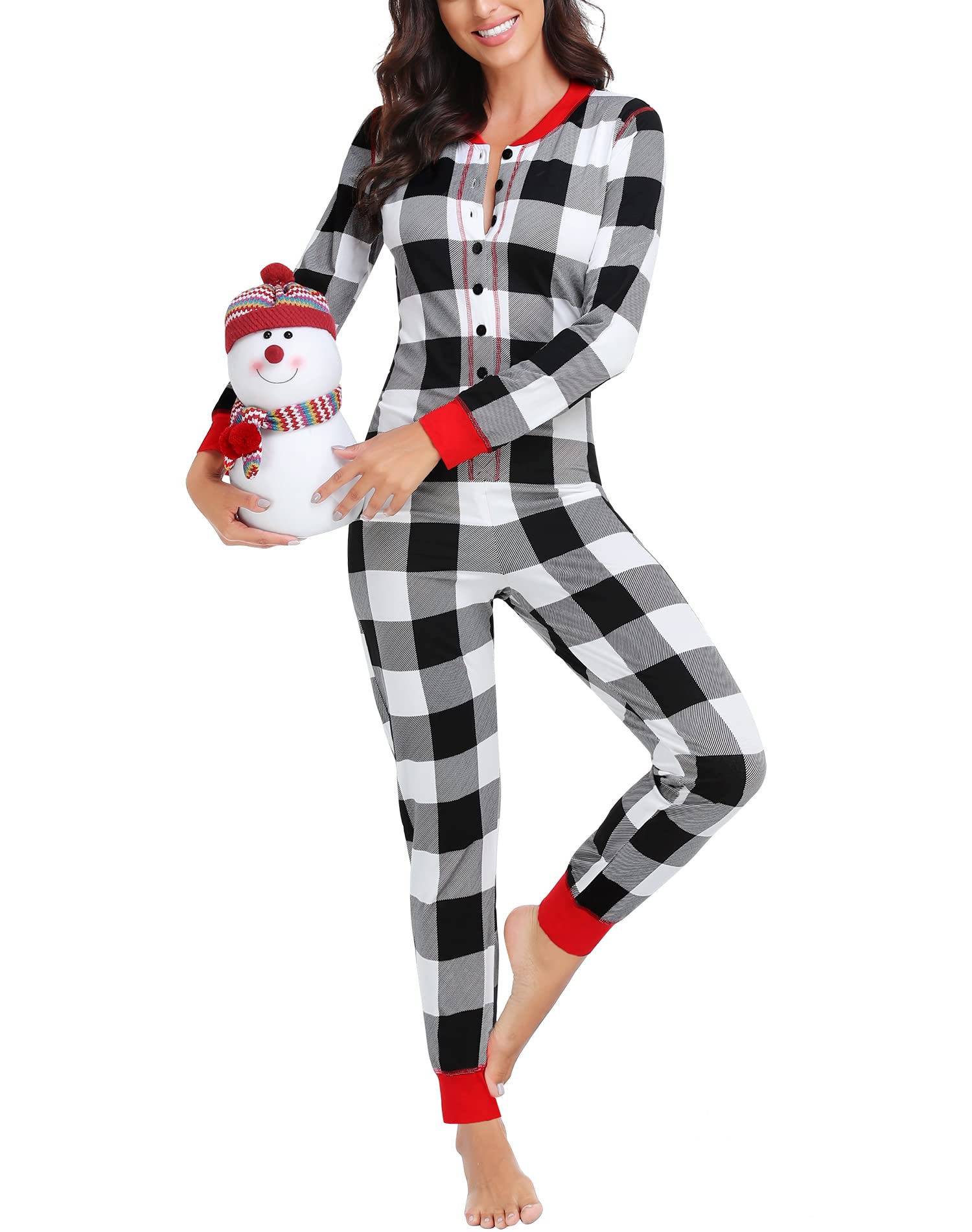 SWOMOG Womens Christmas Onesie Pajamas Jumpsuits Adult One Piece Sleepwear Long Sleeve Bodysuit Buttons Union Suit