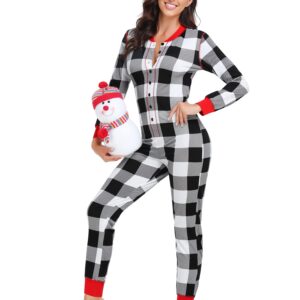 SWOMOG Womens Christmas Onesie Pajamas Jumpsuits Adult One Piece Sleepwear Long Sleeve Bodysuit Buttons Union Suit