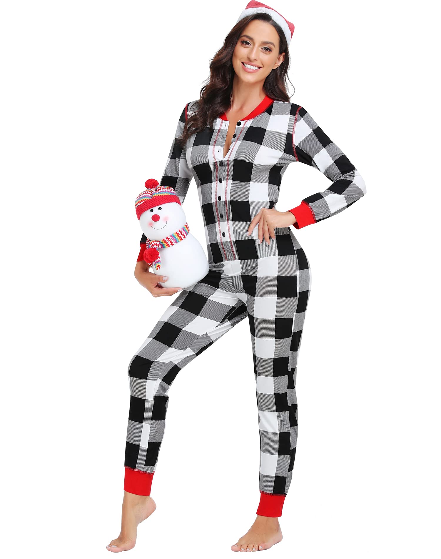 SWOMOG Womens Christmas Onesie Pajamas Jumpsuits Adult One Piece Sleepwear Long Sleeve Bodysuit Buttons Union Suit