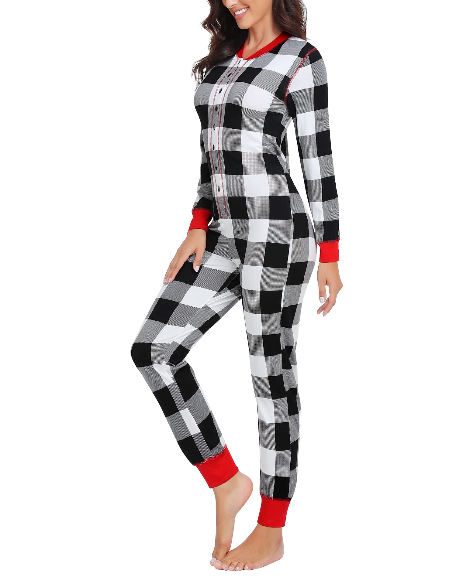 SWOMOG Womens Christmas Onesie Pajamas Jumpsuits Adult One Piece Sleepwear Long Sleeve Bodysuit Buttons Union Suit