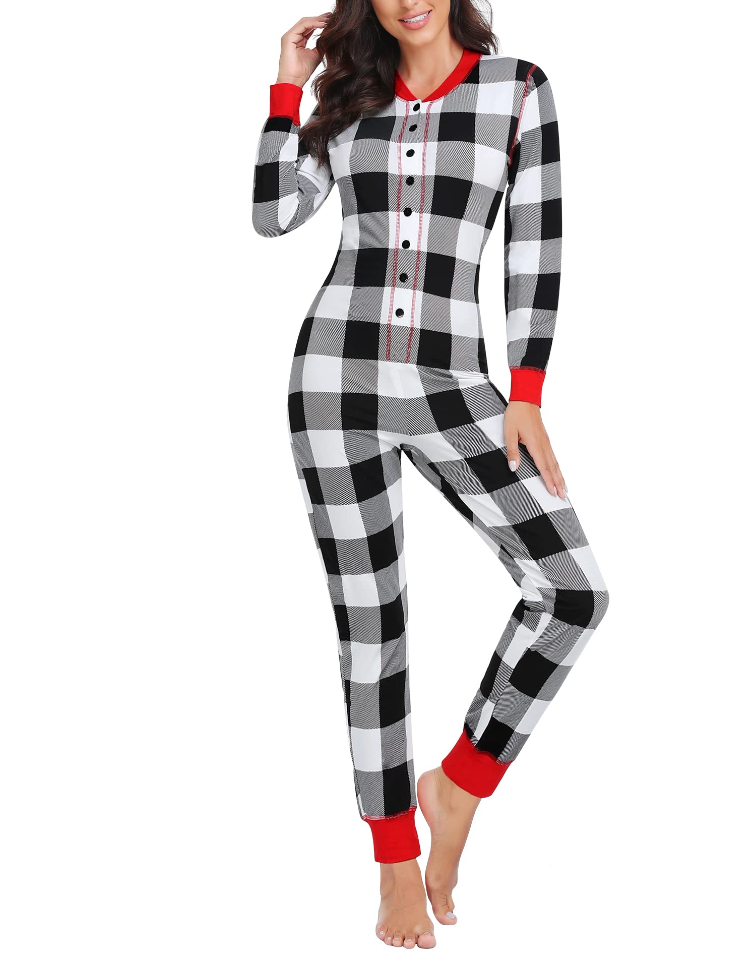 SWOMOG Womens Christmas Onesie Pajamas Jumpsuits Adult One Piece Sleepwear Long Sleeve Bodysuit Buttons Union Suit