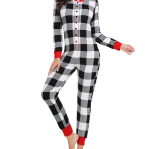 SWOMOG Womens Christmas Onesie Pajamas Jumpsuits Adult One Piece Sleepwear Long Sleeve Bodysuit Buttons Union Suit