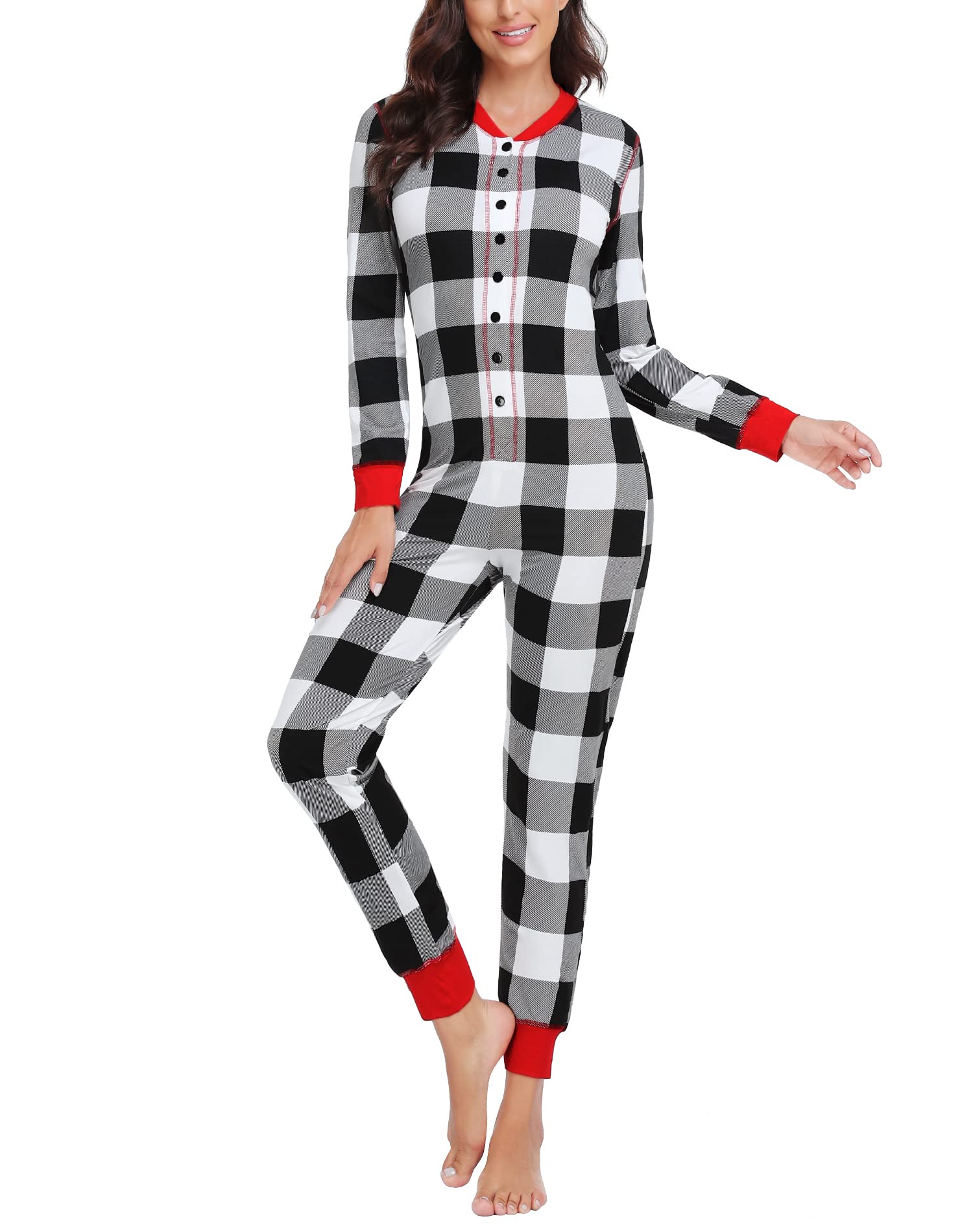 SWOMOG Womens Christmas Onesie Pajamas Jumpsuits Adult One Piece Sleepwear Long Sleeve Bodysuit Buttons Union Suit