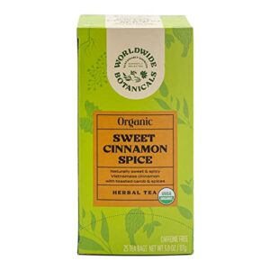 worldwide botanicals sweet cinnamon spice herbal tea - organic, caffeine free, kosher, naturally sweet, 50% more herbs - 25 tea bags