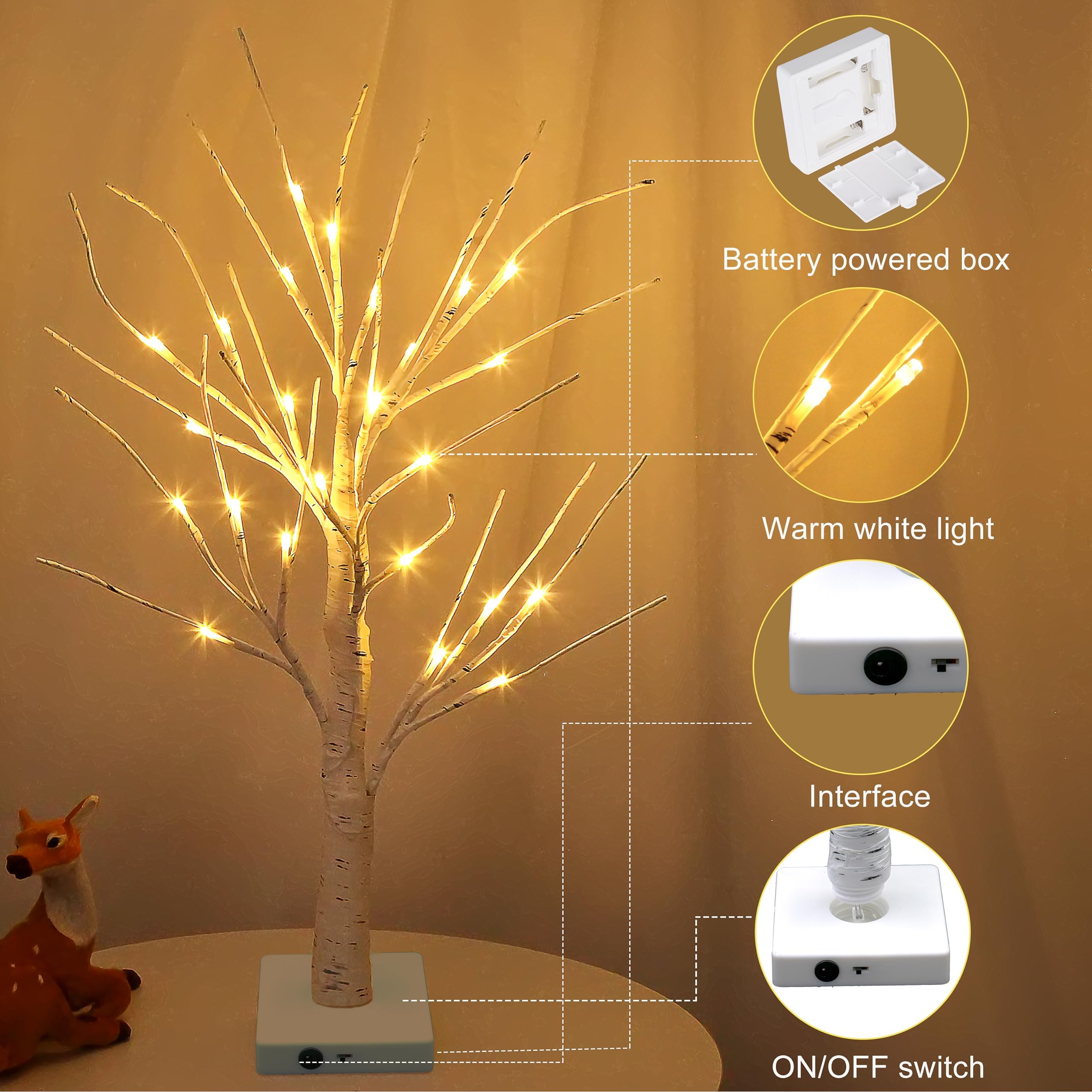 Set of 2 Warm White Birch Tree Light with Battery or USB Powered 24 LED fairy light spirit tree Tabletop twinkling tree Light Decor for Home Party Bedroom Wedding Thanksgiving Christmas Decoration