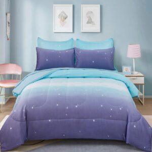 girls comforter set twin size 6 pieces rainbow comforter blue purple bedding set for kids ultra soft microfiber comforter and sheet sets for all season