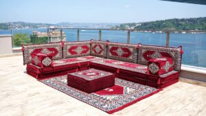 maroon l shaped sectional sofas, arabic sofa set, terrace pallet sofa, floor cushions, arabic majlis, pouffs, turkish floor seating set (l sofa + rug + ottoman, 8'' thickness (20 cm))