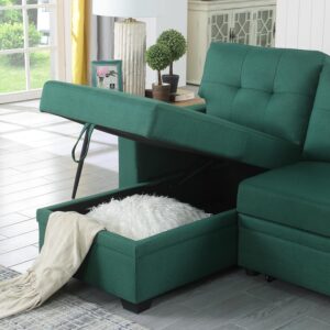 devion furniture l-shaped polyester fabric reversible, easy convertible pull-out sleeper sectional sofa/storage chaise with tufted back cushions and track arms in green