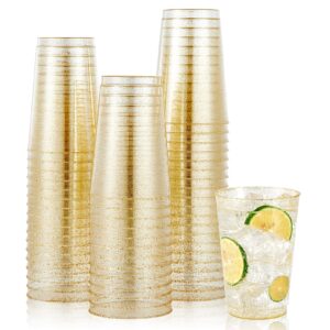 jolly chef 100 pack 12 oz gold plastic cups, disposable gold cups,heavy-duty clear plastic tumblers, gold glitter cups, disposable cups for wedding, thanksgiving, christmas party