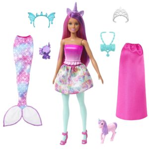 barbie dreamtopia doll with clothes & accessories, fairytale dress-up set with mermaid tail, baby unicorn, dragon pet & more