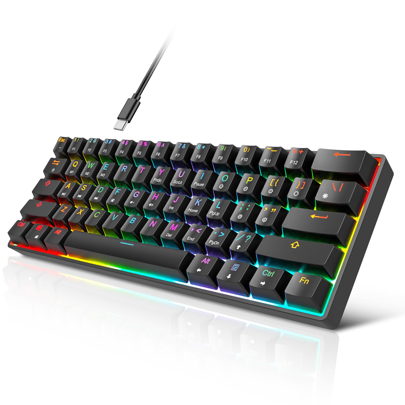 targeal 60% Mechanical Gaming Keyboard - 61 Keys Gateron Red Switch Quiet Office Computer Keyboard - Multi Color RGB Rainbow Led Backlit - Programmable for PC/Windows/Mac/Gamer - USB Wired - Black