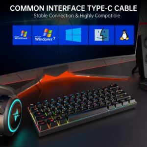 targeal 60% Mechanical Gaming Keyboard - 61 Keys Gateron Red Switch Quiet Office Computer Keyboard - Multi Color RGB Rainbow Led Backlit - Programmable for PC/Windows/Mac/Gamer - USB Wired - Black