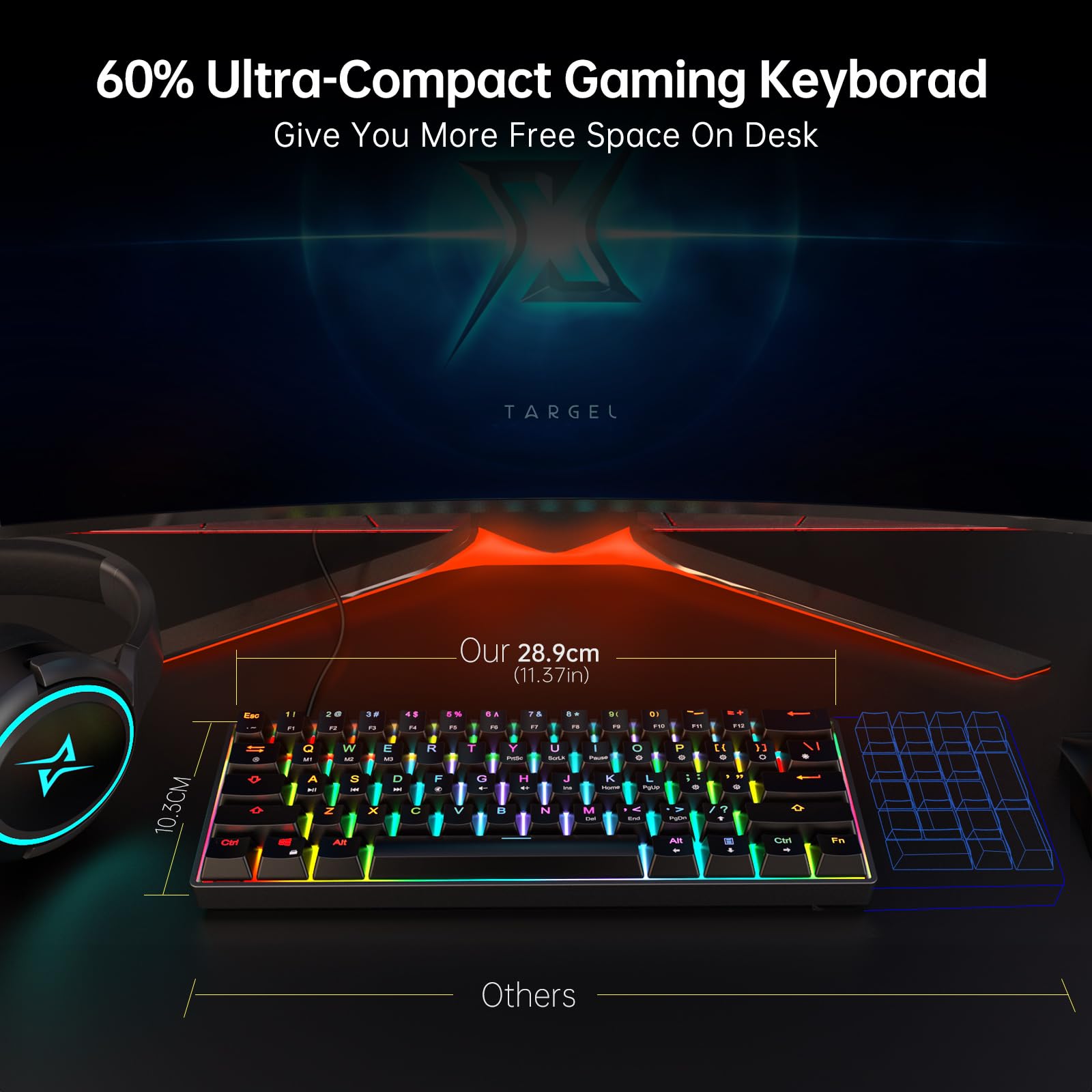 targeal 60% Mechanical Gaming Keyboard - 61 Keys Gateron Red Switch Quiet Office Computer Keyboard - Multi Color RGB Rainbow Led Backlit - Programmable for PC/Windows/Mac/Gamer - USB Wired - Black