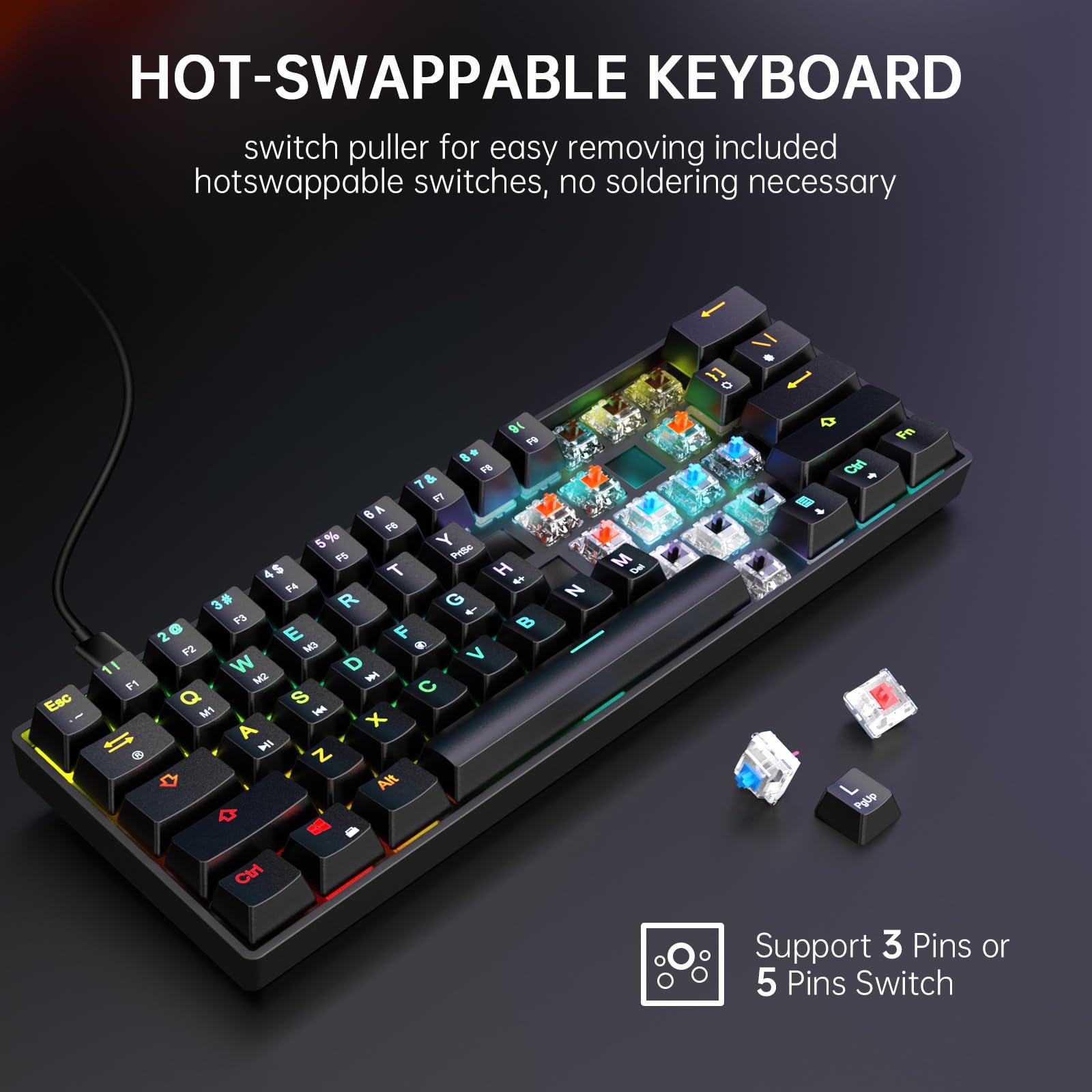 targeal 60% Mechanical Gaming Keyboard - 61 Keys Gateron Red Switch Quiet Office Computer Keyboard - Multi Color RGB Rainbow Led Backlit - Programmable for PC/Windows/Mac/Gamer - USB Wired - Black