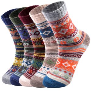 5 pairs wool socks - wool socks for women, warm cozy crew socks, warm winter socks for women, womens vintage socks, thick knit cabin cozy wool socks gifts for women, 6-10