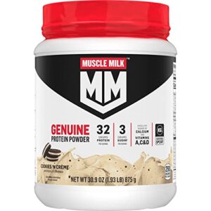 muscle milk genuine protein powder, cookies 'n crème, 1.93 pounds, 12 servings, 32g protein, 3g sugar, calcium, vitamins a, c & d, nsf certified for sport, energizing snack, packaging may vary