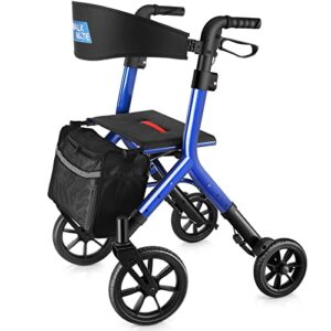 walk mate rollator walker for seniors taller 5.3~7ft with height-adjustable seat, 10 inch wheels wire-hidden walkers compact folding design lightweight mobility walking aid widen backrest, blue