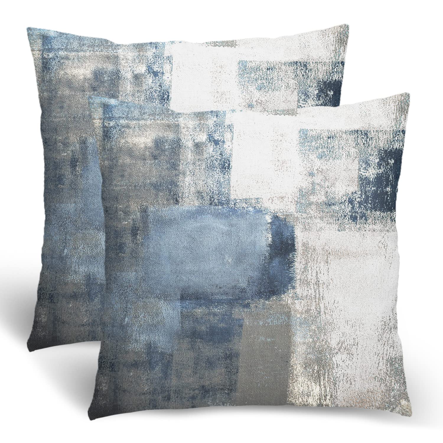 Navy Blue Grey Throw Pillow Covers, Gray White Modern Abstract Art Painting Throw Pillows for Couch, Blue Pillow Covers 18x18 Inch 2 Pcs Square Cushion Cover Gift for Couch Sofa