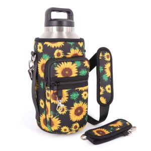 ajltpa half gallon jugs water bottle holder with strap and 2 pockets, 64 oz water bottle sleeve carrier compatible with yeti & rtic half gallon jugs, 64oz hydro flask (sunflower)