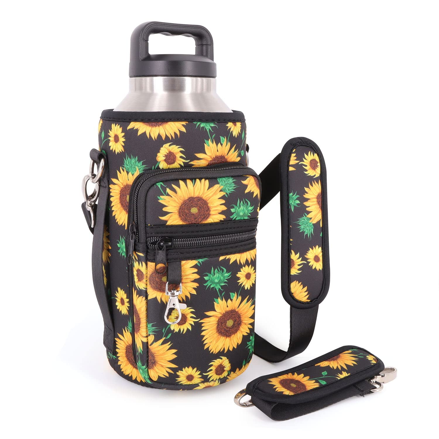 AJLTPA Half Gallon Jugs Water Bottle Holder with Strap and 2 Pockets, 64 oz Water Bottle Sleeve Carrier Compatible with Yeti & RTIC Half Gallon Jugs, 64oz Hydro Flask (Sunflower)