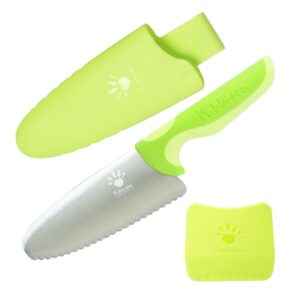 kids knife set for real cooking, friendly safety knife for kids, stainless steel child chef knife with finger protector, round tip kids knife for cutting, serrated edges (green)