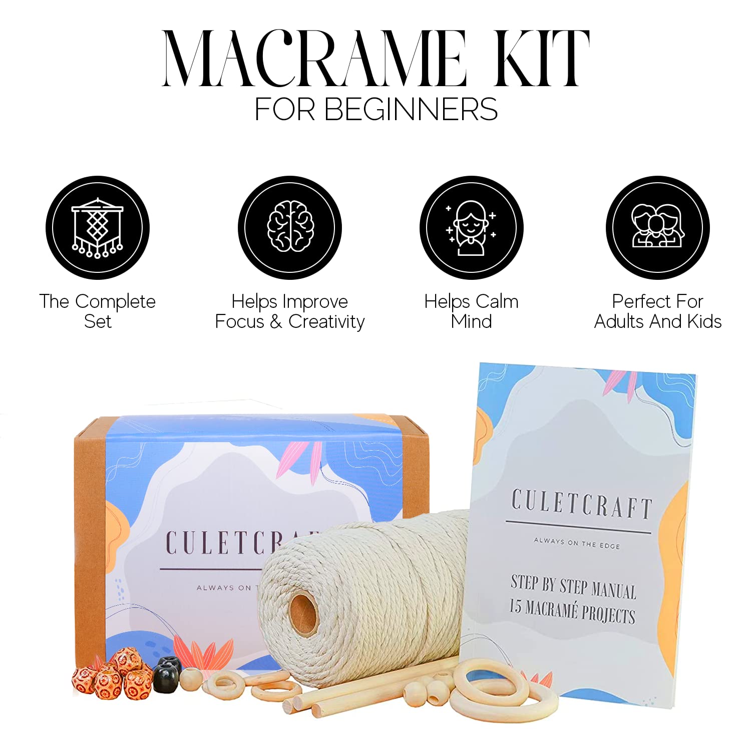 CULETCRAFT Macrame Kit for Beginners 153pc, 15 Projects Book, 164yd Cotton Macrame Cord, Wooden Beads & Sticks, Wooden & Metal Rings, Gift Box, Book & Accessories, Perfect Macrame Starter Kit