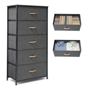 vredhom fabric dresser for bedroom, tall skinny dresser with 5 wide drawers, storage organizer tower, steel frame wooden top for closet, living room, hallway, nursery(grey)